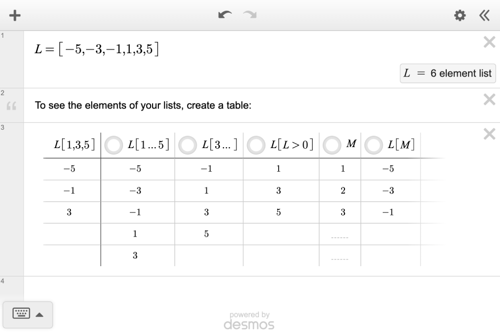 Lists – Desmos Help Center